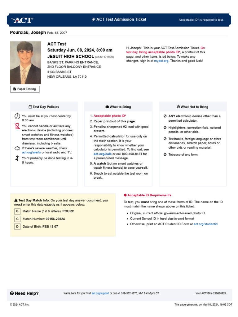 Admission Ticket - MyACT | Download Free PDF | Act (Test)