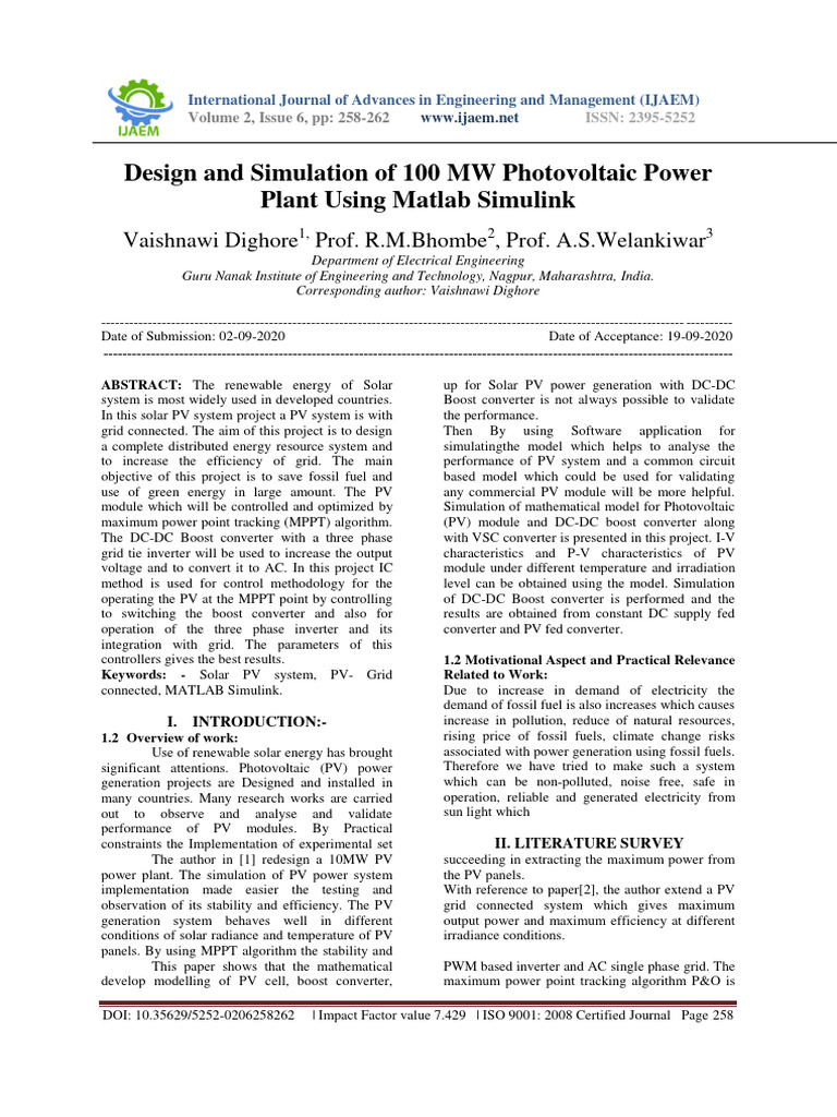 Design and Simulation of 100mw Photovoltaic Power Plant Using Matlab Simulink | PDF ...