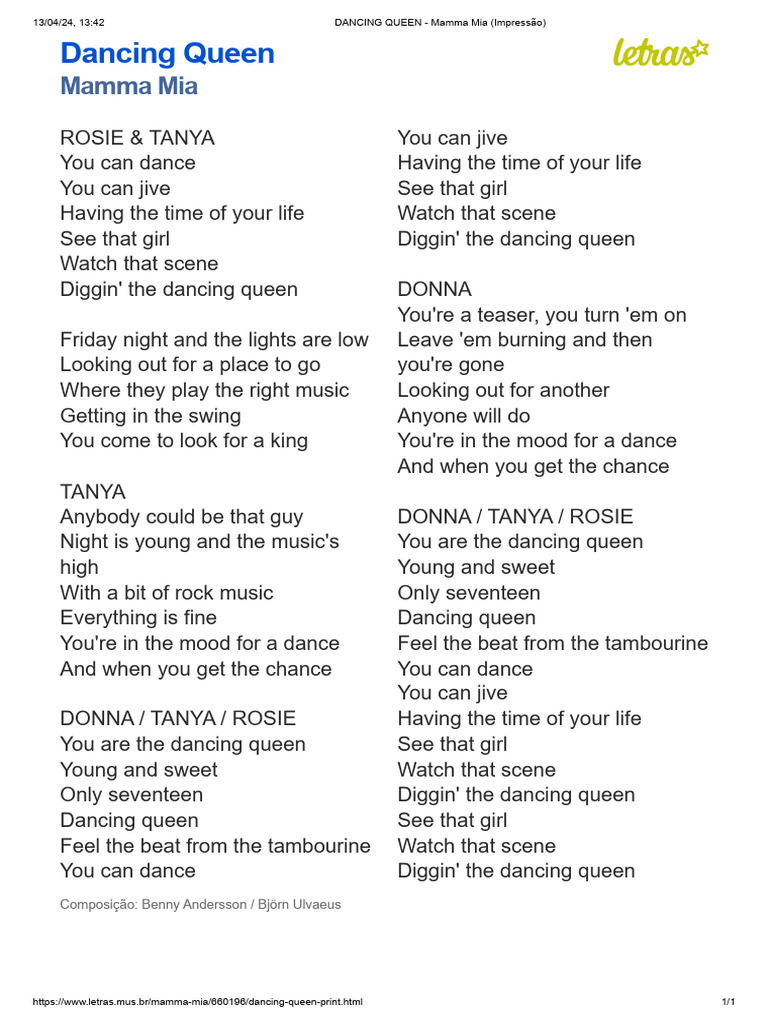DANCING QUEEN - Mamma Mia (Impressão) | PDF | Songs Written