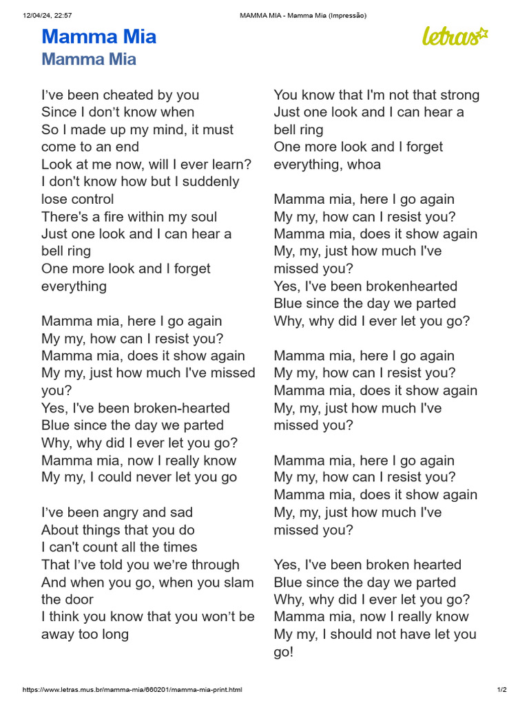 MAMMA MIA - Mamma Mia (Impressão) | PDF