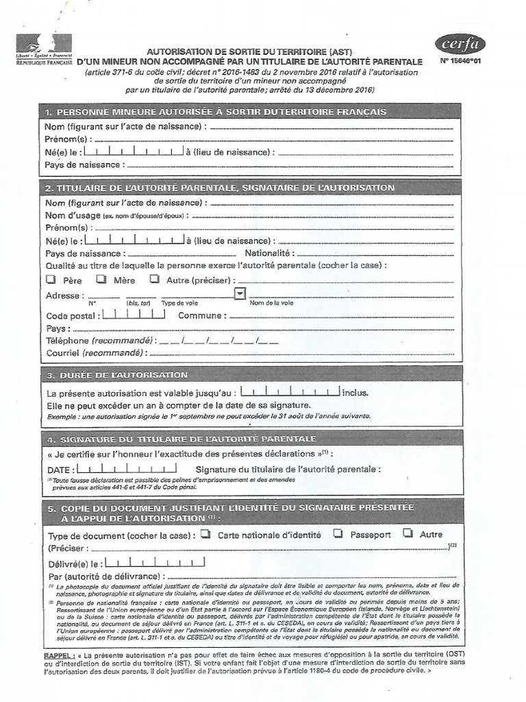 Cerfa Autorisation Sortie Du Territoire | PDF