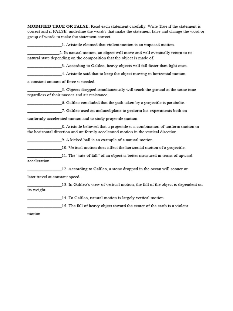 MODIFIED TRUE OR FALSE. Read Each Statement Carefully. Write True If ...