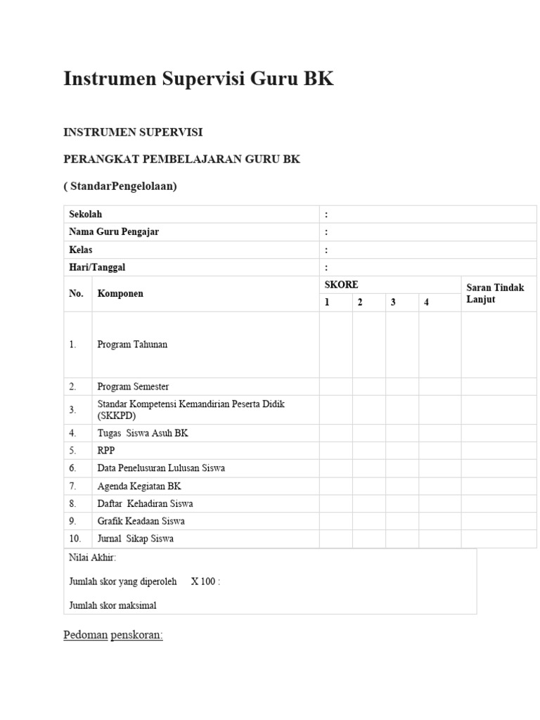 Instrumen Supervisi Guru BK | PDF