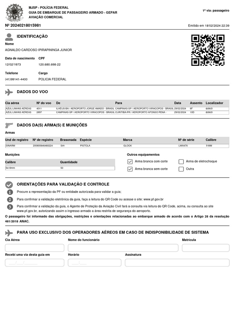 Guia de Embarque Armado - 20240218015981 | PDF | Aeroporto | Calibre