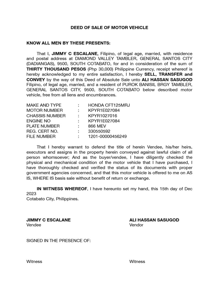 Deed of Sale of Motor Vehicle | Download Free PDF | Deed | Private Law