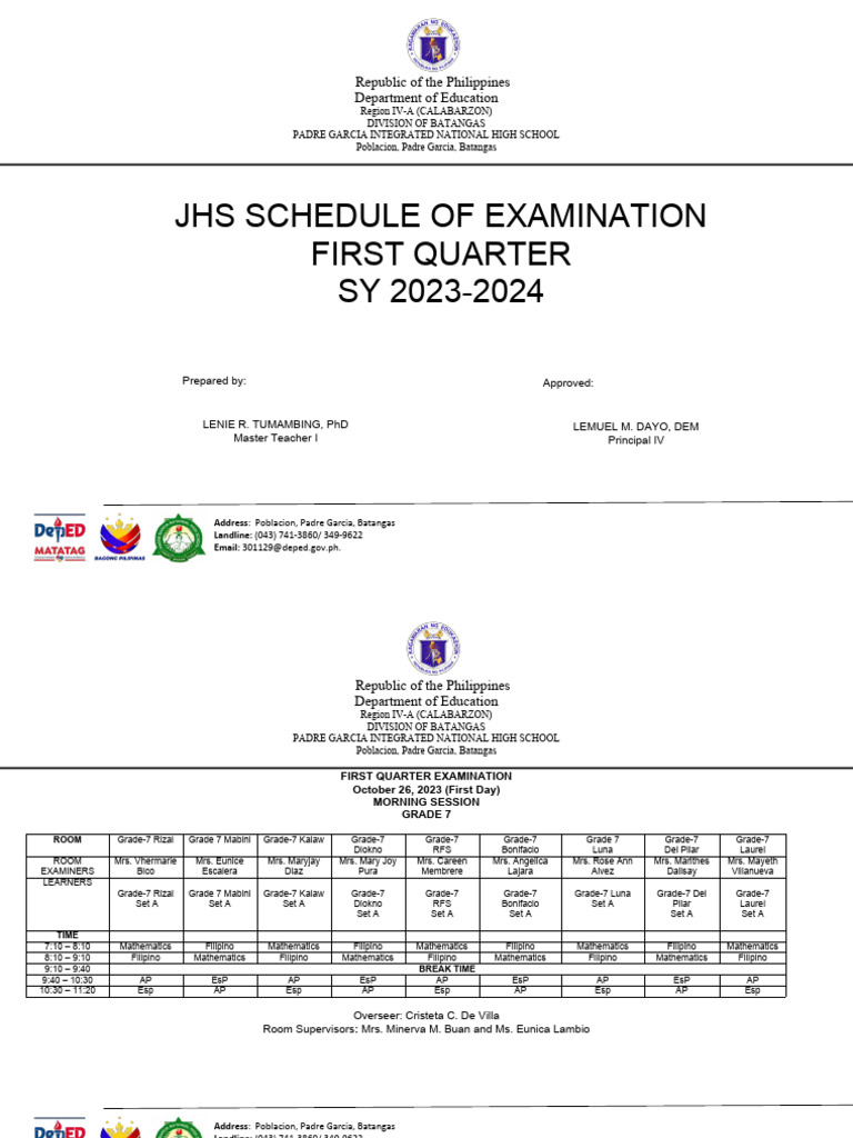 JHS 1stQ Exam Schedule | PDF | Chemical Elements | Sets Of Chemical ...