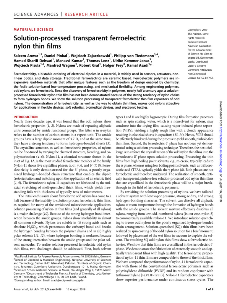 Solution-Processed Transparent Ferroelectric Nylon | PDF | Hydrogen Bond | Ferroelectricity