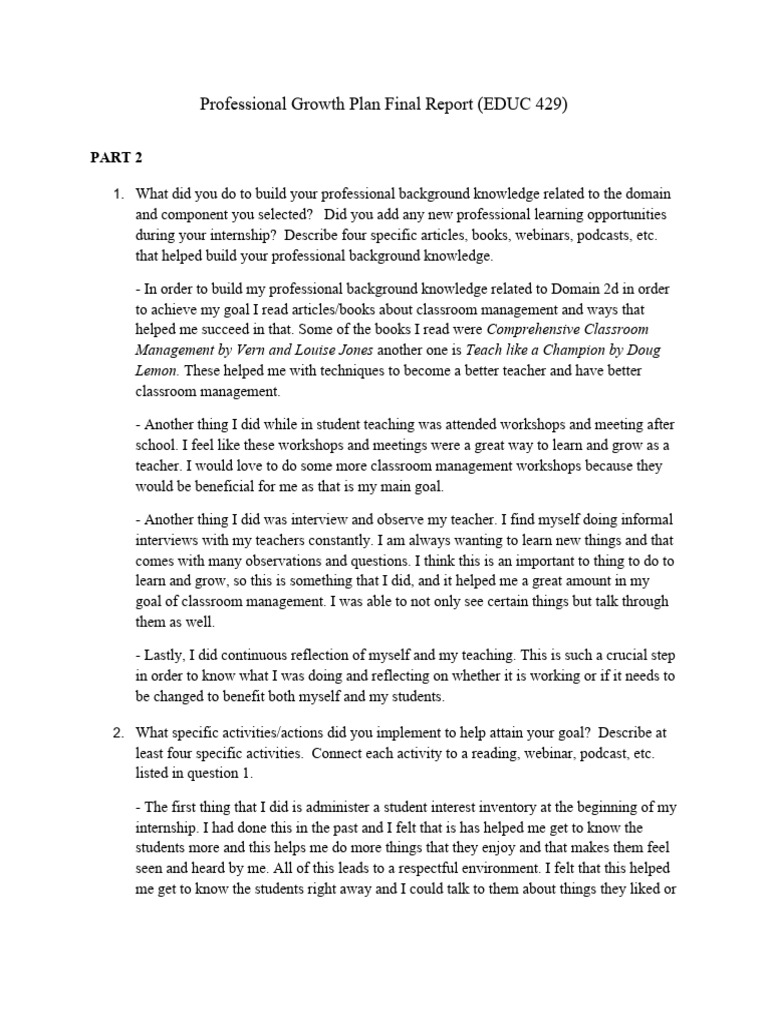 Professional Growth Plan Final Report Educ 429 | PDF | Classroom Management | Teachers