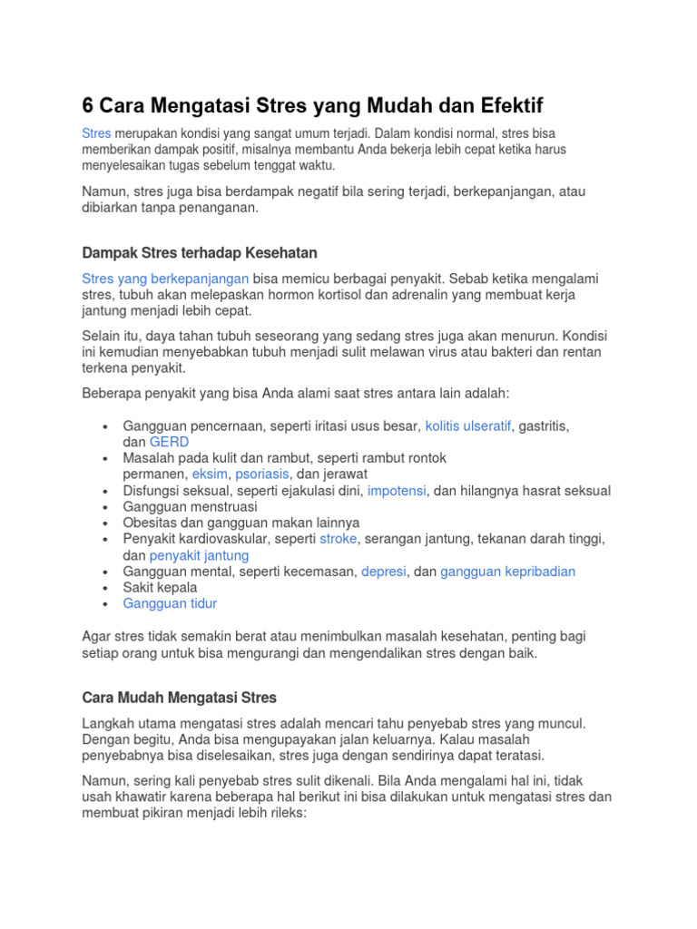 6 Cara Mengatasi Stres Yang Mudah Dan Efektif | PDF