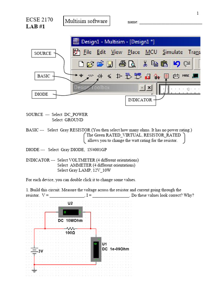 Lab#1 Multisim | PDF | Resistor | Diode