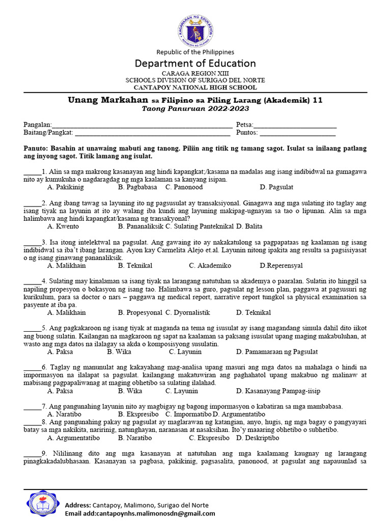 Unang Markahan Sa Filipino Sa Piling Larang S.Y. 22-23 | PDF