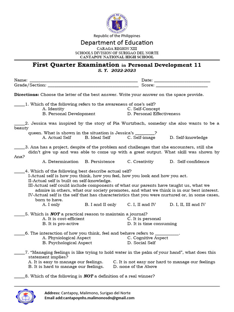 1st Quarter Examination in PerDev S.Y.2022-2023 | PDF | Self Concept | Self Esteem