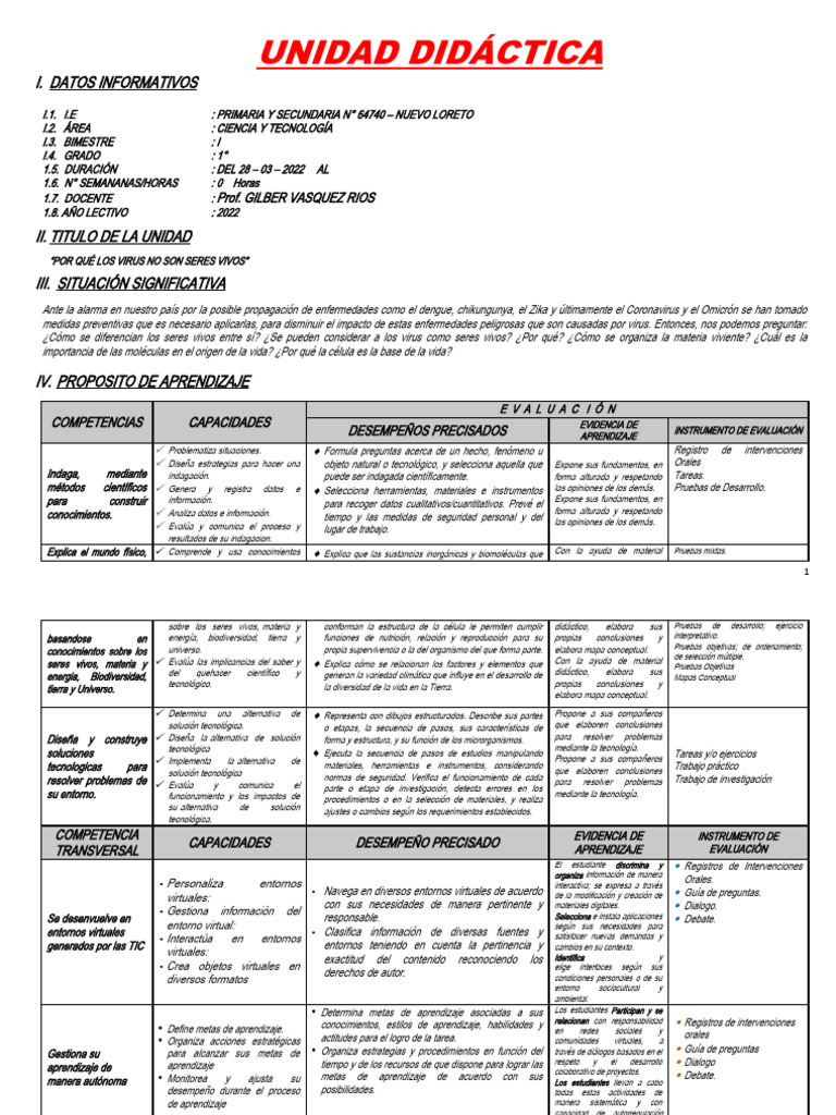 UNIDAD DIDACTICA DE C y T 1° 2022 | PDF | Organismos | Biología Celular)