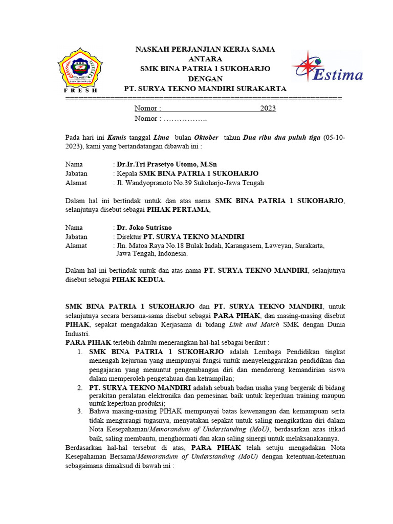 Draf Naskah Perjanjian Kerja Sama PT Estima | PDF | Bisnis