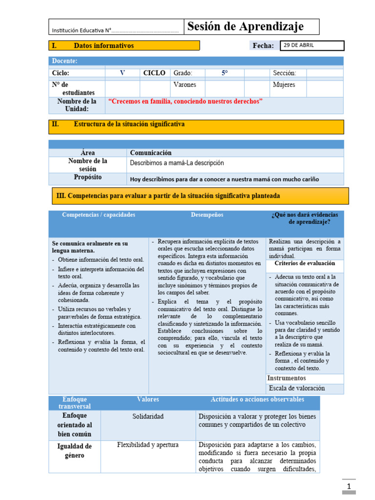 5° Act 29 Abril N°1 Comu. | PDF | Aprendizaje | Evaluación