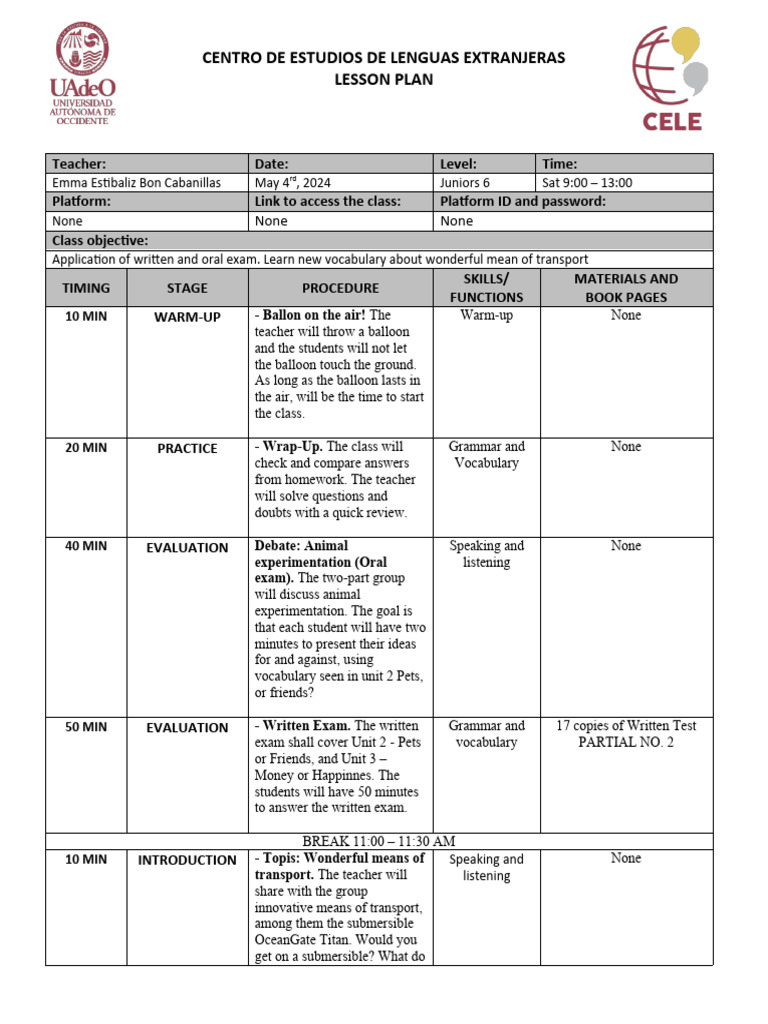Lesson Plan Juniors 06 Saturday UAdeO May 4th Teacher Emma Bon | PDF ...