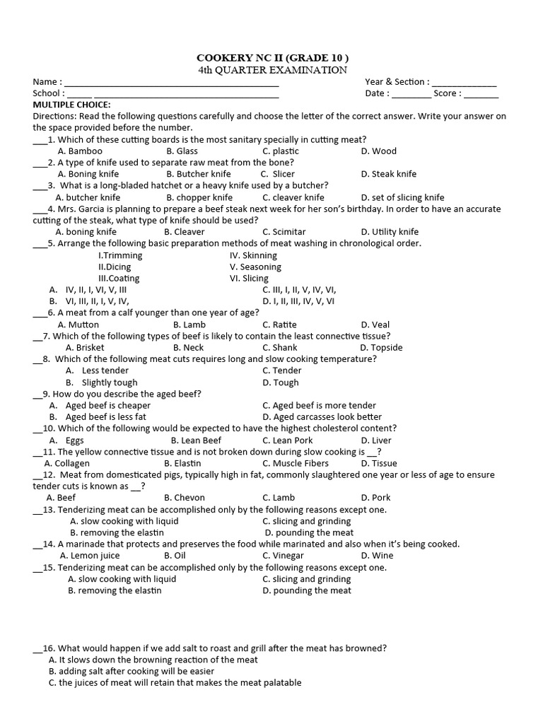 4th QUARTER EXAMINATION TLE 10 FINAL 2020 1 | PDF | Beef | Meat