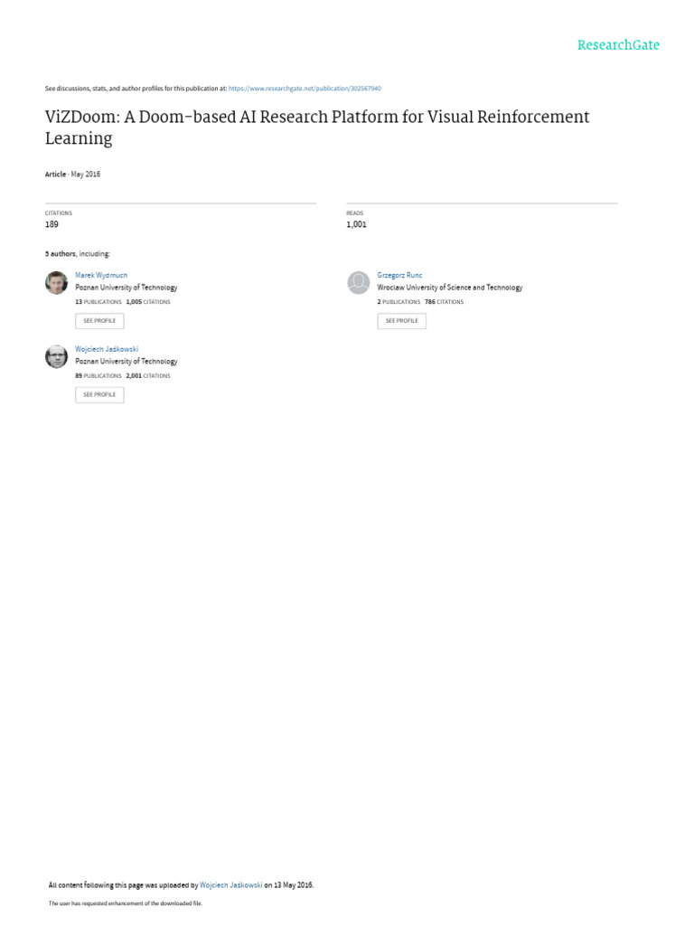 ViZDoom A Doom-Based AI Research Platform For Visu | PDF | Deep Learning | Computing