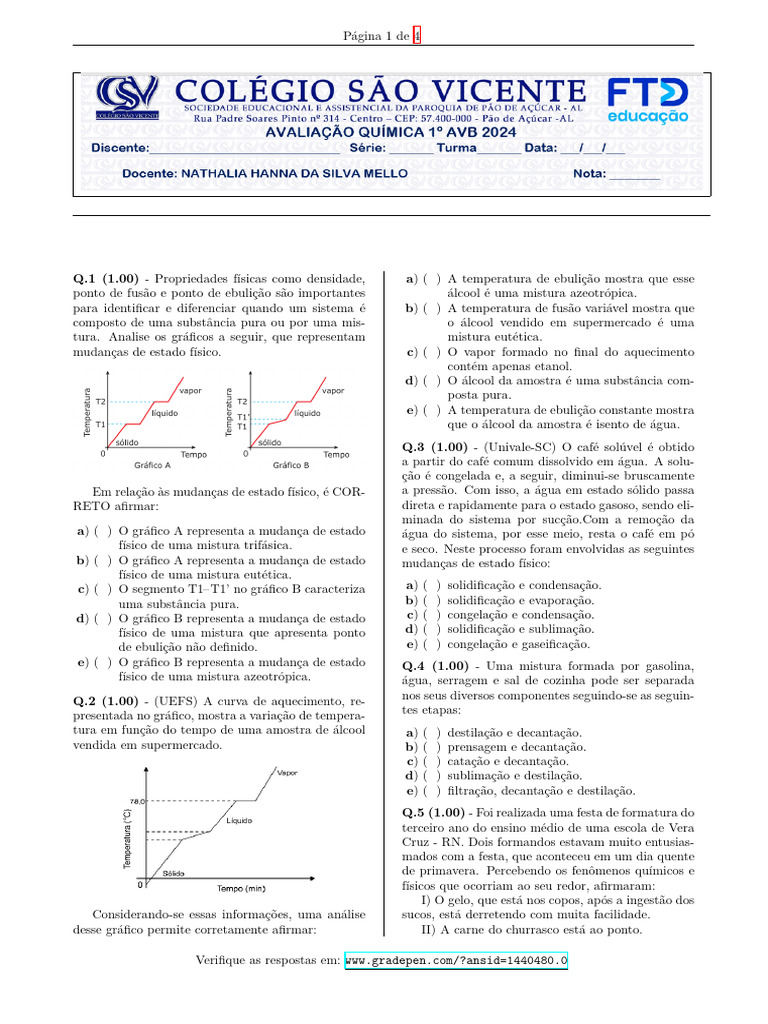 Quimica 1 Ano Download Grátis Pdf Congelamento Ponto De Fusão