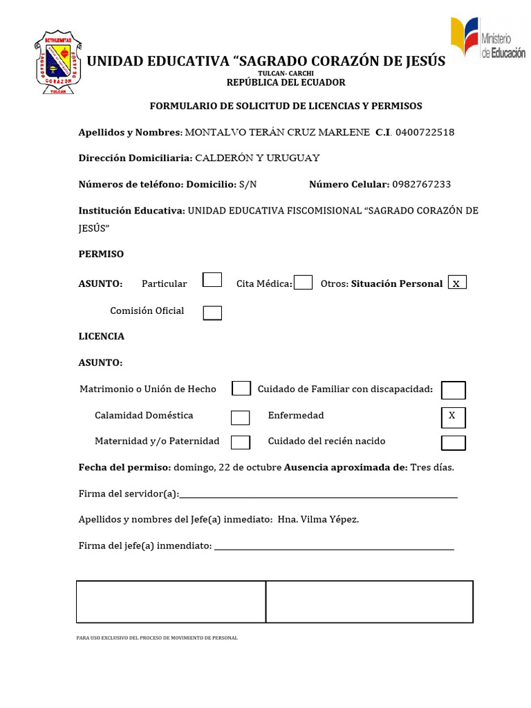 Formulario Permisos y Licencias Yeleni Cabrera | PDF | Derecho