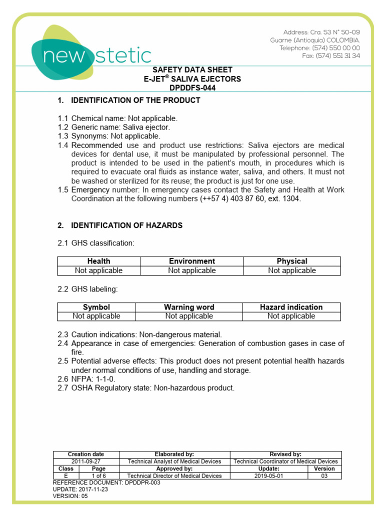 Msds Saliva Ejectors Ejet | PDF | Combustion | Medical Device