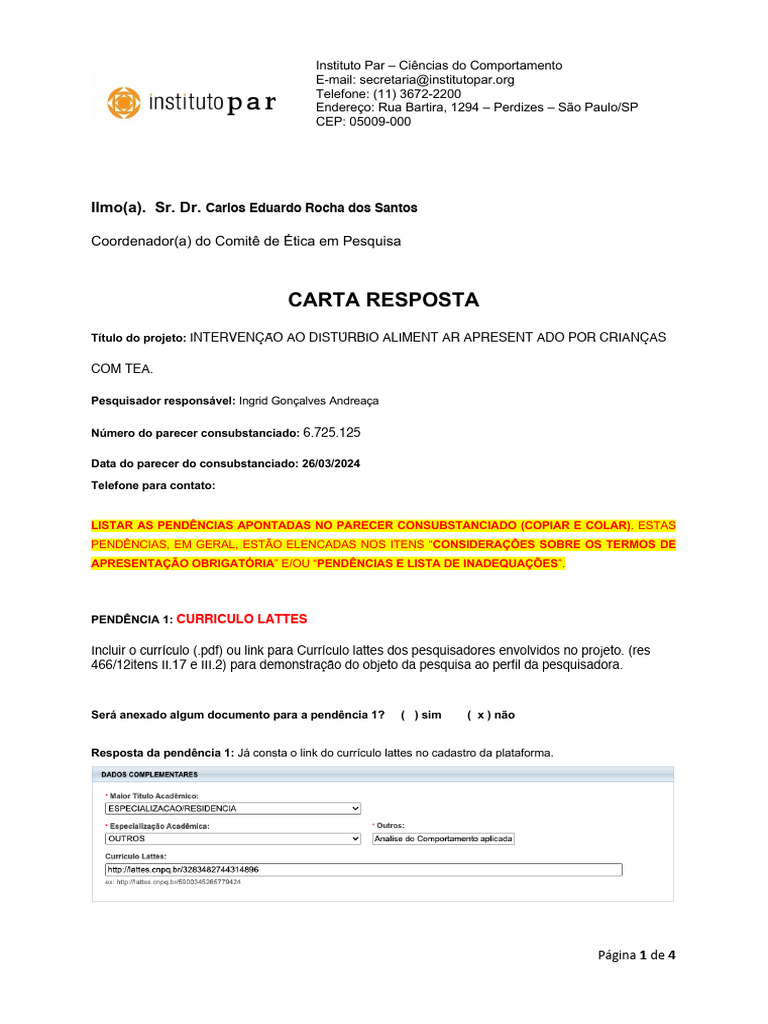 Carta Resposta Plataforma Brasil | PDF