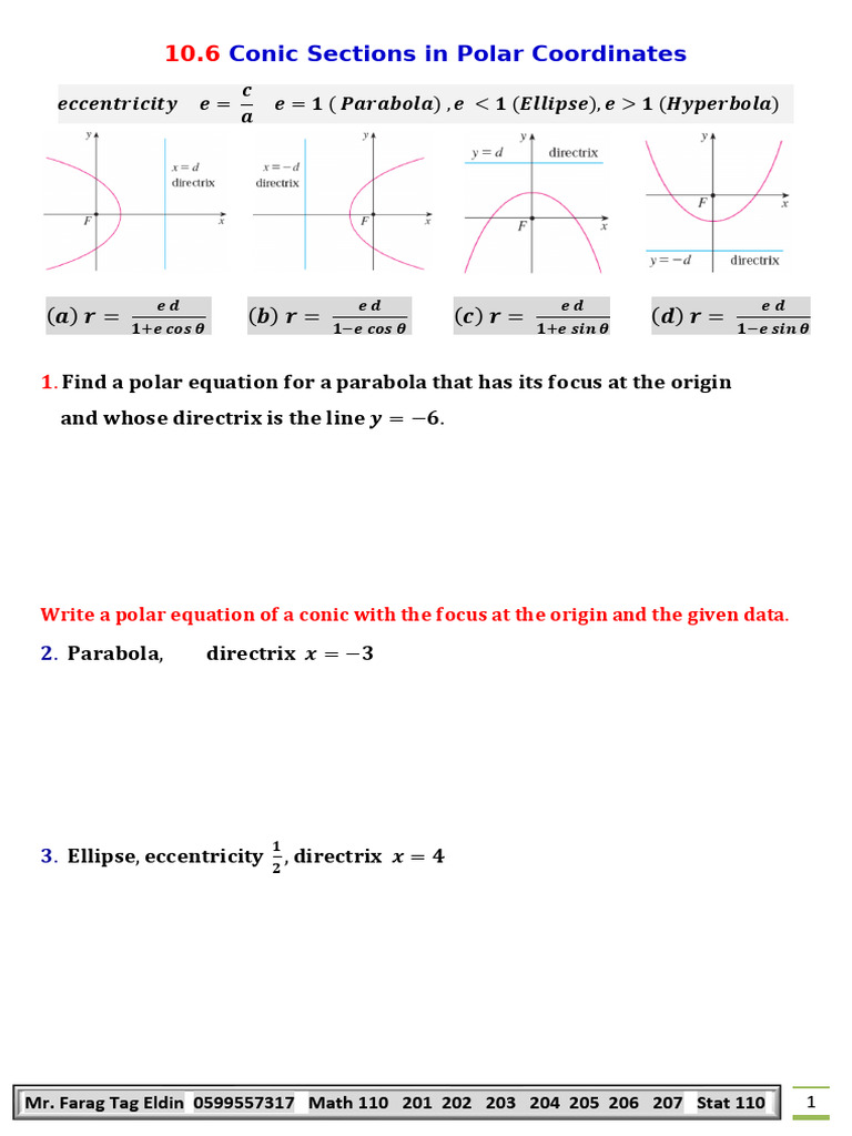 10.6 Conic Sections in Polar Coordinates | PDF