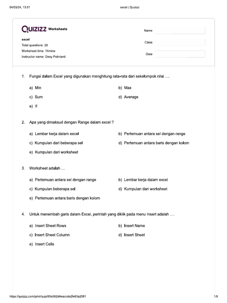 Latihan Kuis Excel | PDF