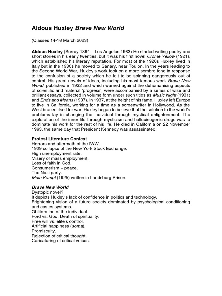 Notes Aldous Huxley - Brave New World | PDF | History | Classics
