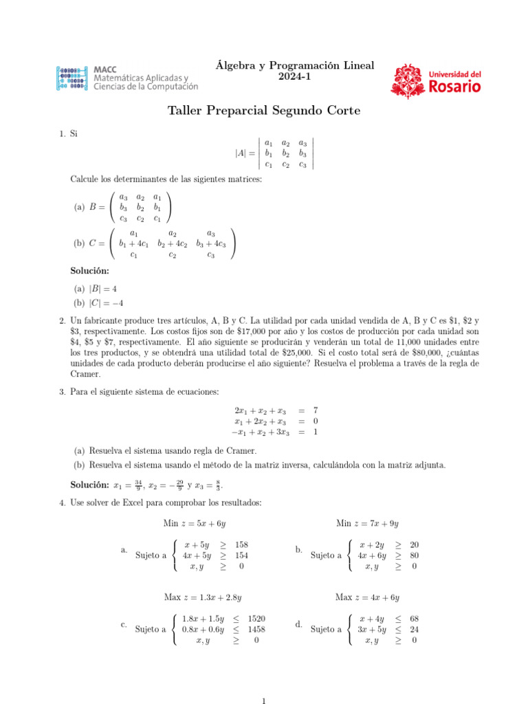 Taller Preparcial Segundo Corte Apl | PDF | Matriz (Matemáticas) | Álgebra