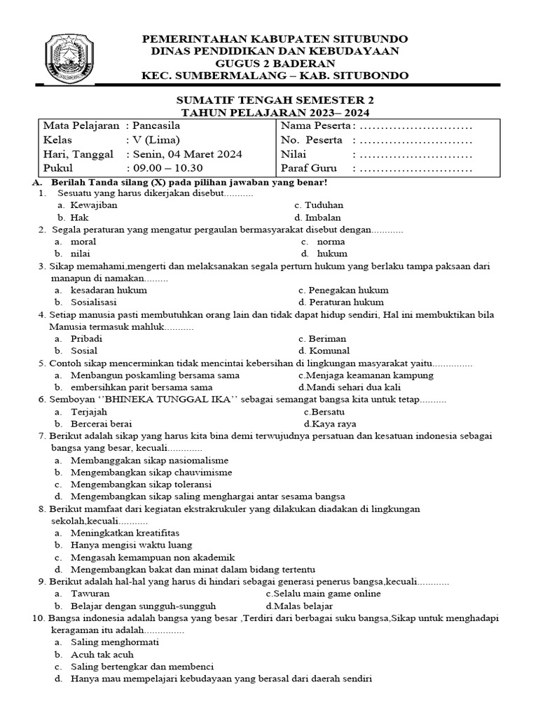 Soal STS Pancasila Semester 2 Kelas 5 | PDF | Karier & Perkembangan