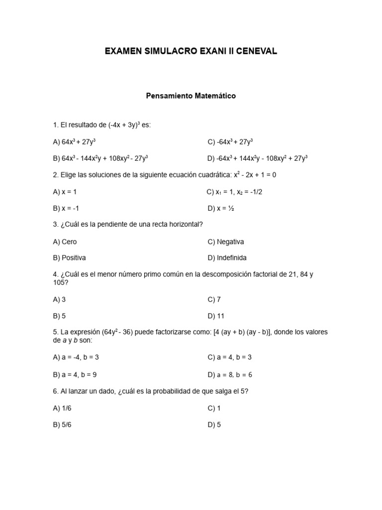 Examen Simulacro Exani Ii Ceneval 1 | PDF | Refresco | Amor