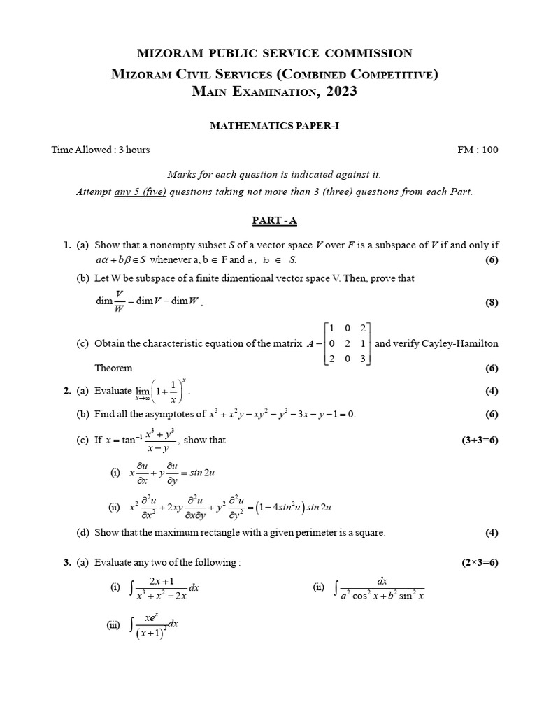Mcs Main 2023 Mathematics Paper I | PDF | Linear Subspace | Force