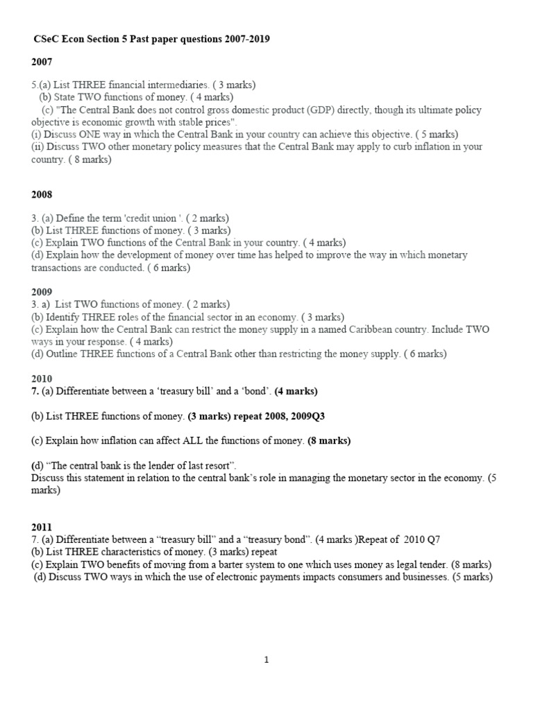 Csec Econ Section 5 Past Paper Questions | PDF | Money | Central Banks