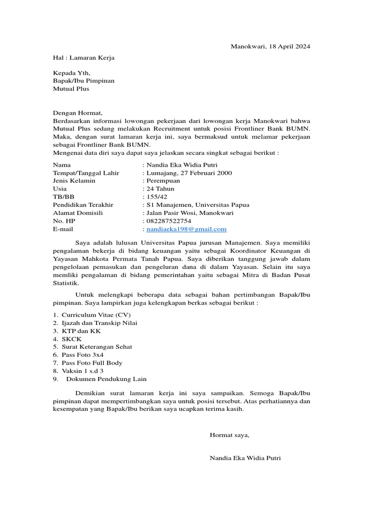 Surat Lamaran Kerja Nandia Eka | PDF