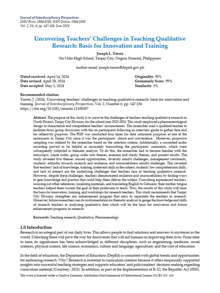 Uncovering Teachers' Challenges in Teaching Qualitative Research Basis ... Uncovering Teachers' Challenges in Teaching Qualitative Research Basis ...