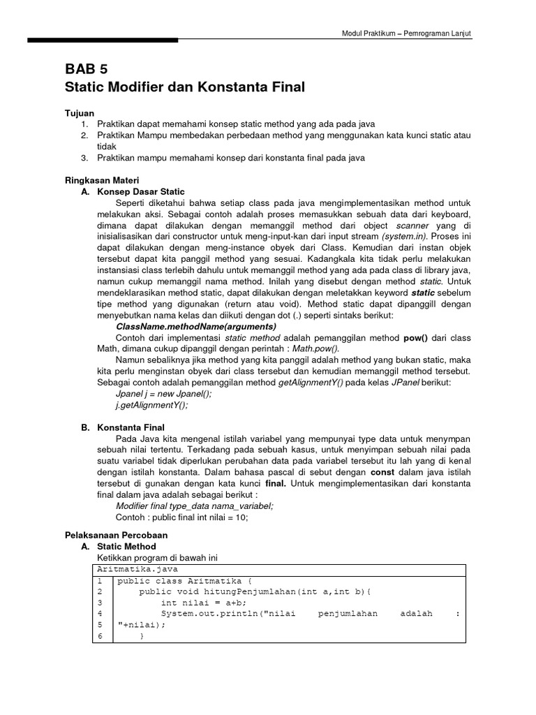 BAB 5 - Static Modifier Dan Konstanta Final | PDF | Metode & Bahan Ajar | Komputer