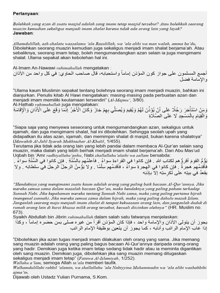 Bolehkah Muadzin Menjadi Imam | PDF