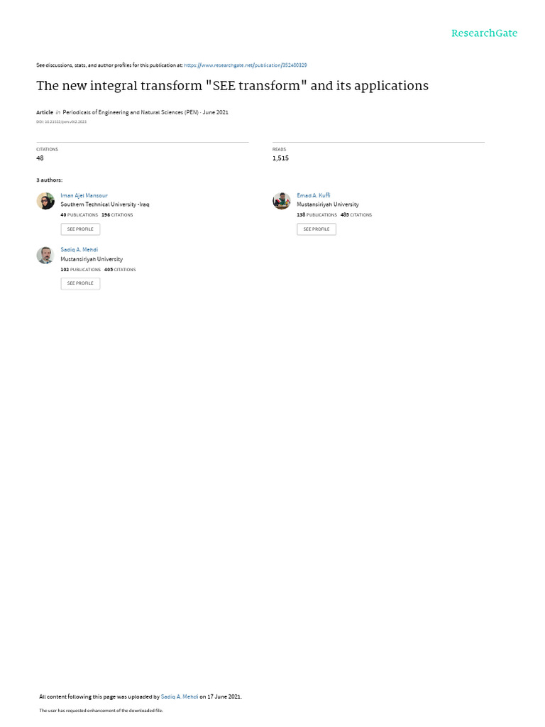 The New Integral Transform "SEE Transform" and Its Applications 2021 | PDF | Equations | Partial ...