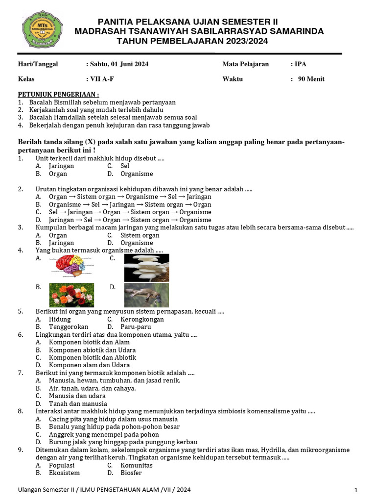 Soal Pas MTS Ipa Vii 2024 | PDF