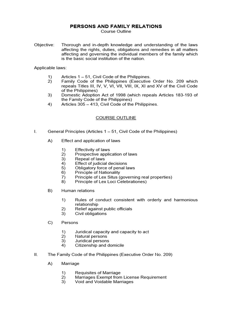Persons and Family Relations - Course Outline | PDF | Annulment | Marriage
