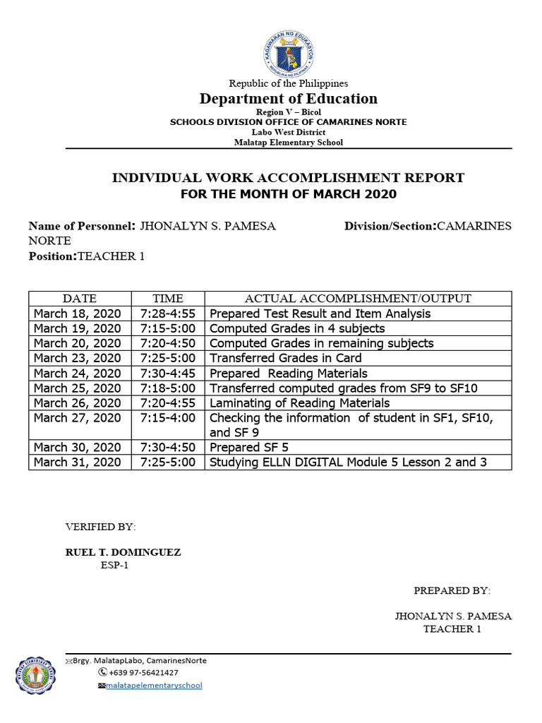 Individual Work Accomplishment Report (Final) | PDF