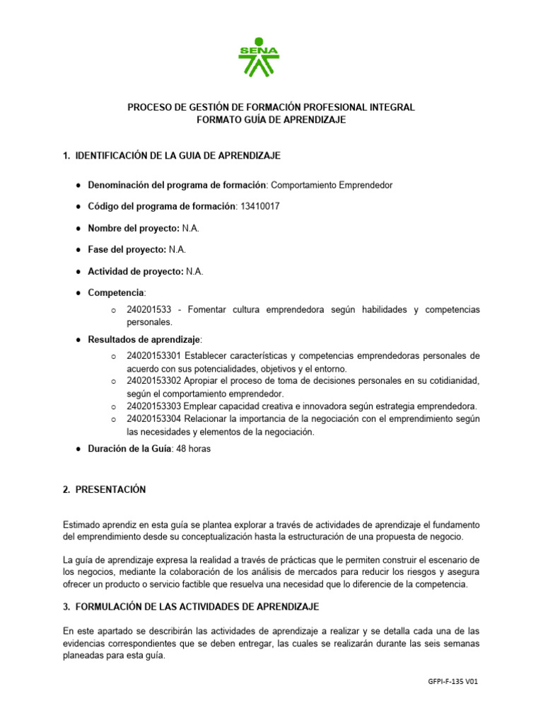Guia de Aprendizaje Comportamiento Emprendedor | PDF | Iniciativa empresarial | Aprendizaje