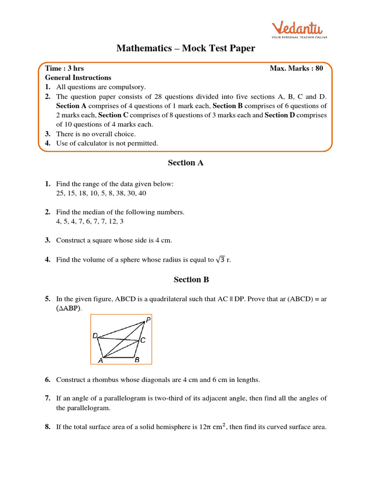 CBSE Sample Question Papers For Class 9 Maths - Mock Paper 4 | PDF | Rectangle | Area