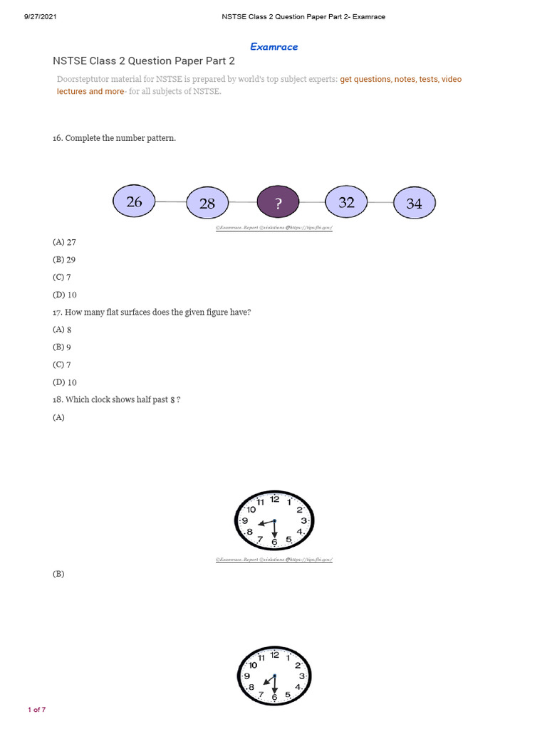 NSTSE Class 2 Question Paper 2018 Part 2 | PDF