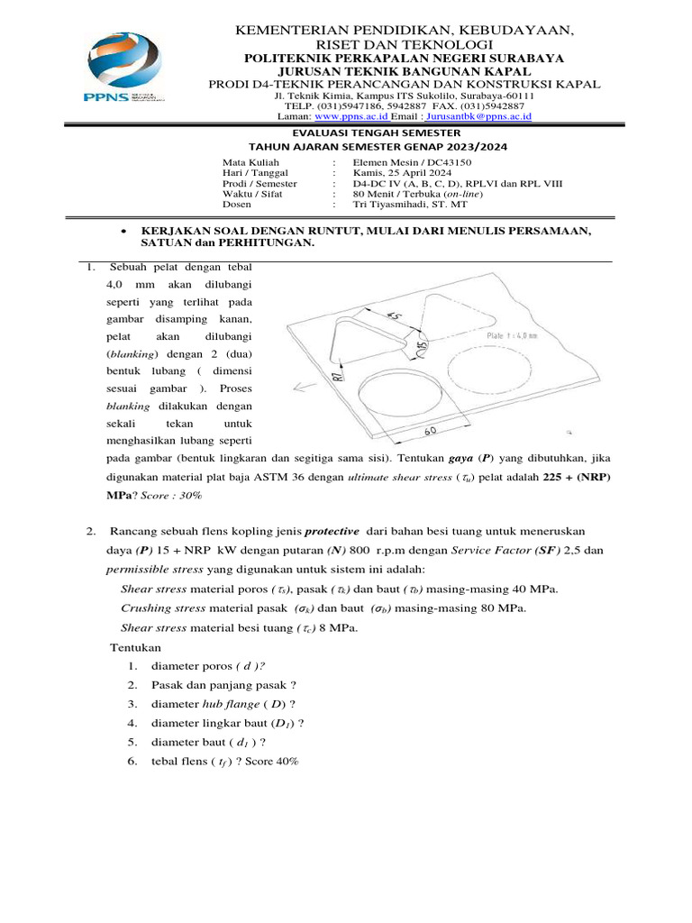 ETS Genap 2023-2024 Elemen Mesin D4DC A - Tri T (Validasi) | PDF
