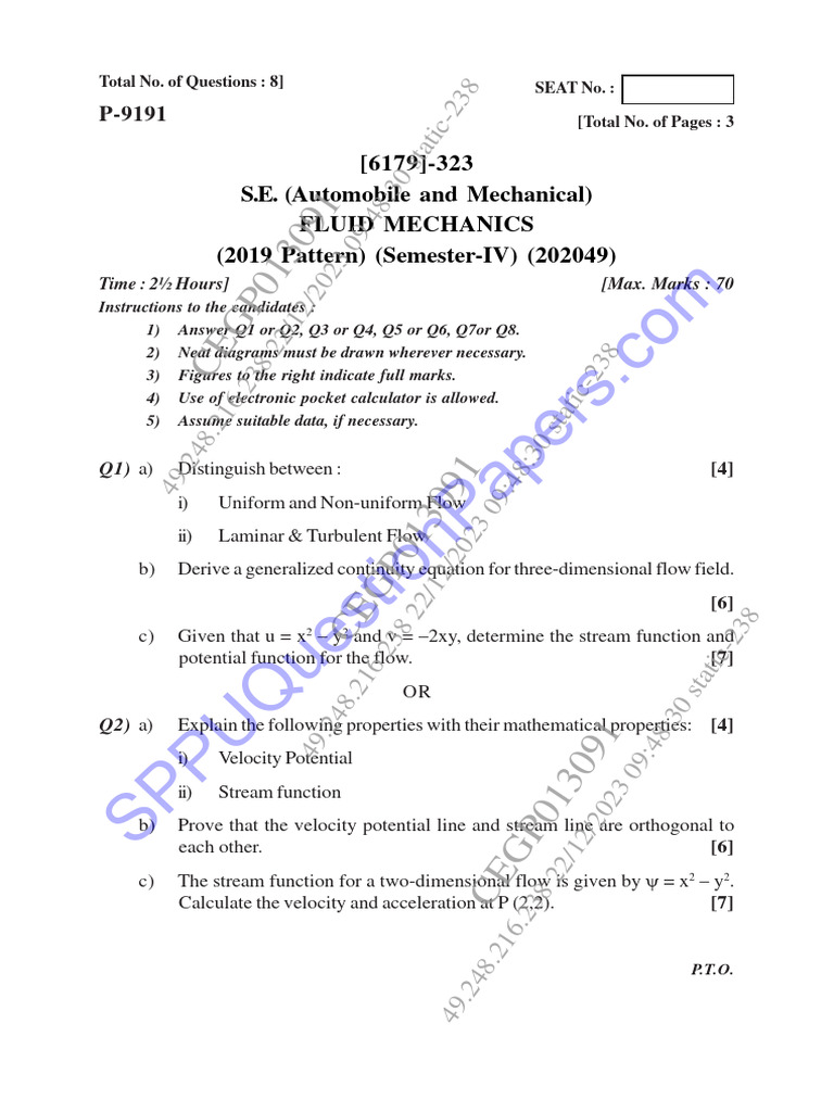 Be - Mechanical Engineering - Semester 4 - 2023 - November - Fluid Mechanics FM Pattern 2019 ...