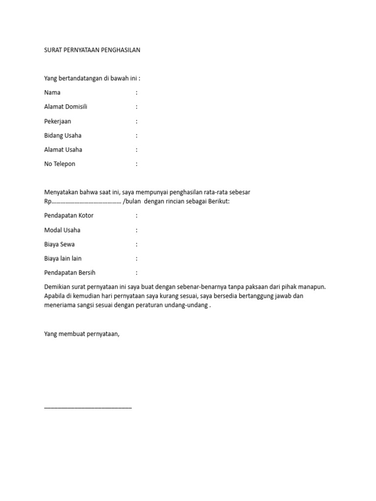 Surat Pernyataan Penghasilan Konsumen Non Fix Income | PDF