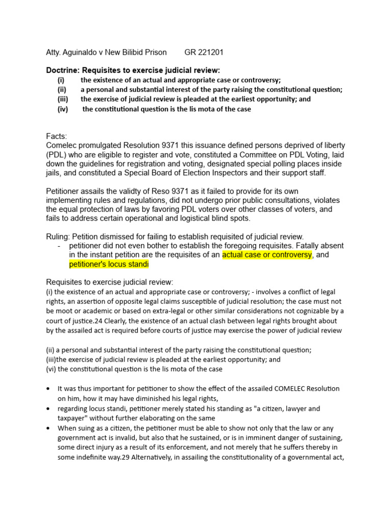 Aguinaldo Doctrine in Bilibid Case | PDF | Standing (Law) | Judiciaries
