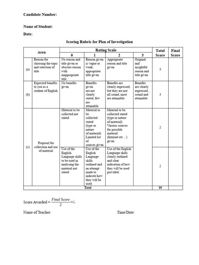 English SBA Marking Scheme Rubrics | PDF | Vocabulary | Rubric (Academic)